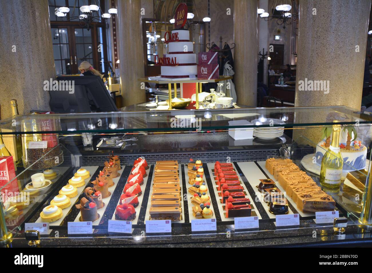 VIENNA, AUSTRIA - MAY 3, 2016: Cakes display in Cafe Central, the old ...