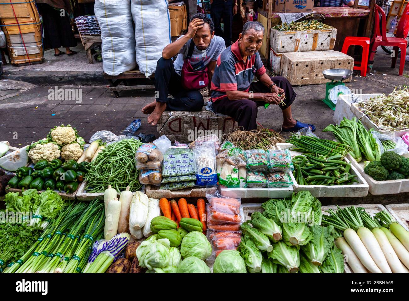 Two Men Selling Vegetables In The Street, Jakarta, Indonesia Stock ...