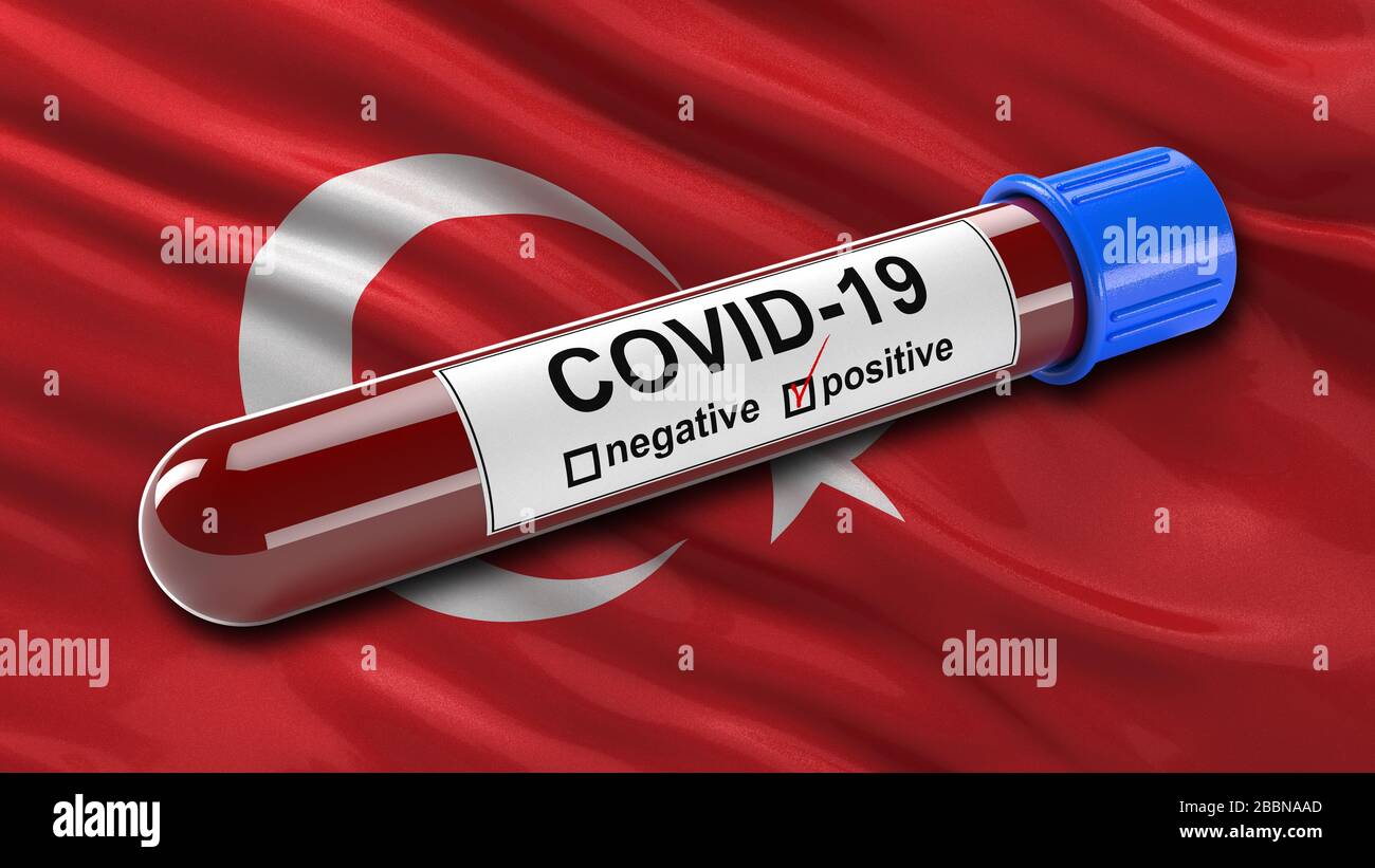 Flag of Turkey waving in the wind with a positive Covid-19 blood test ...