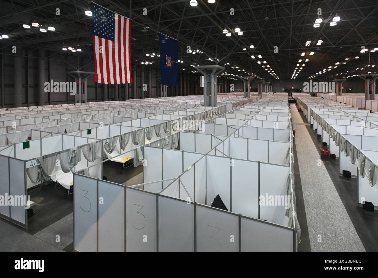An over head view of the hospital beds at the temporary medical center ...