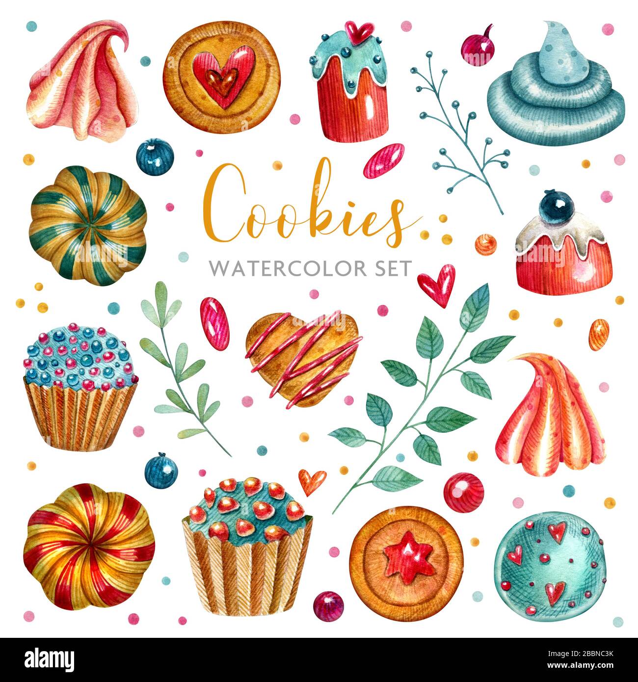 Hand-painted watercolor cookies set with separate elements on the light ...