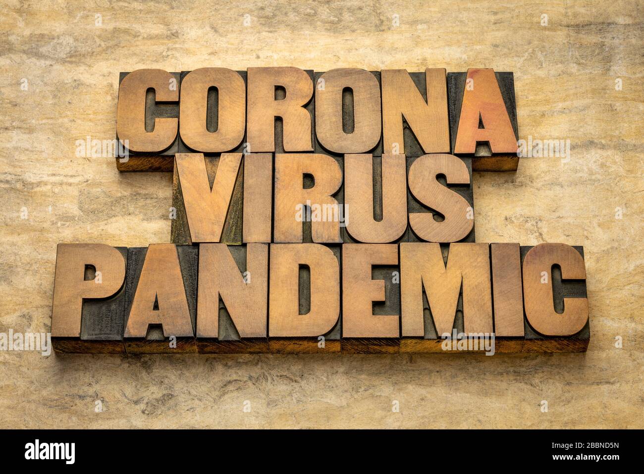 coronavirus pandemic word abstract in vintage letterpress wood type ...