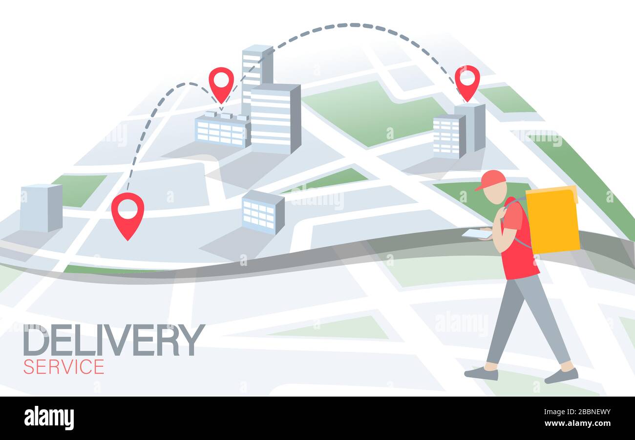 Walking delivery box with smartphone point map. Walk road food shipping ...