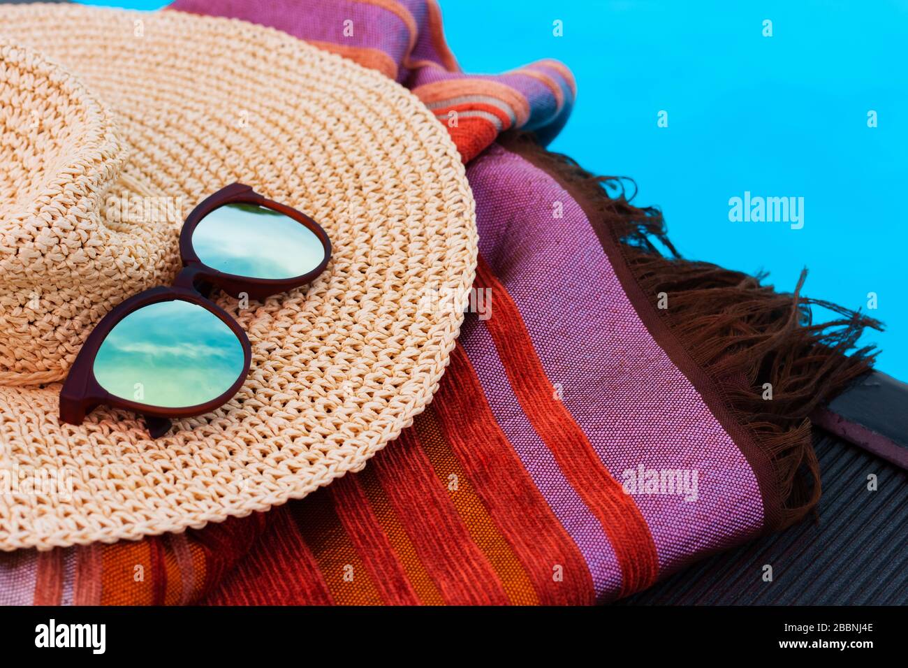 Vintage summer wicker straw beach hat, sun glasses and cover-up ...