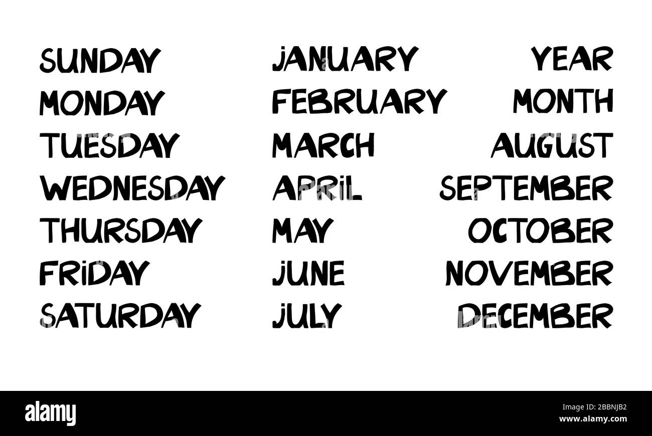 Set of days of week and months of year. Lettering in modern scandinavian style. Isolated on ...