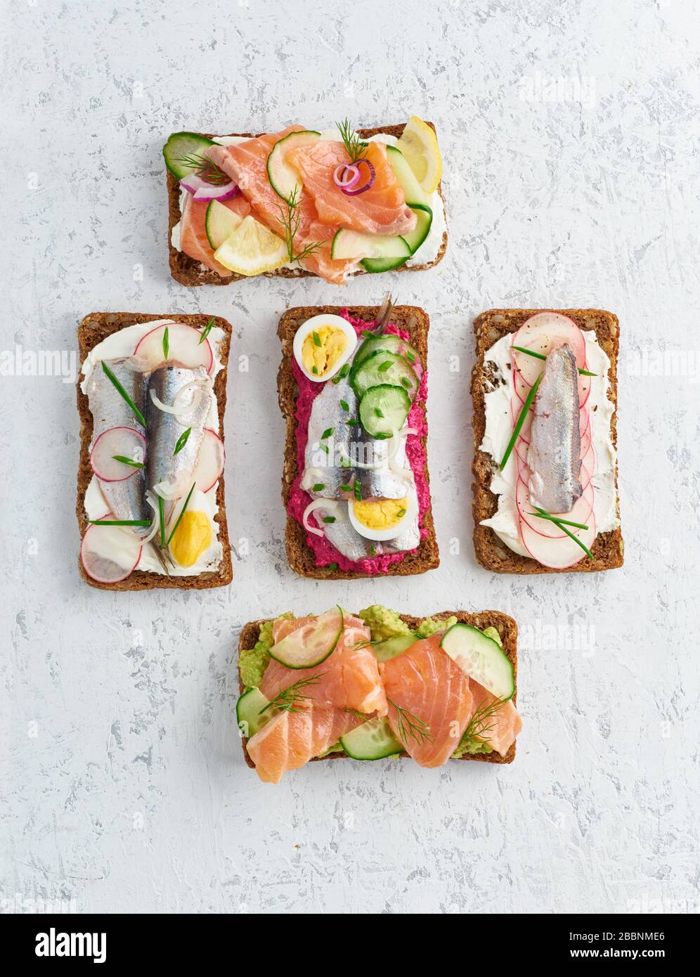 Savory fish smorrebrod, set of five traditional Danish sandwiches Stock ...