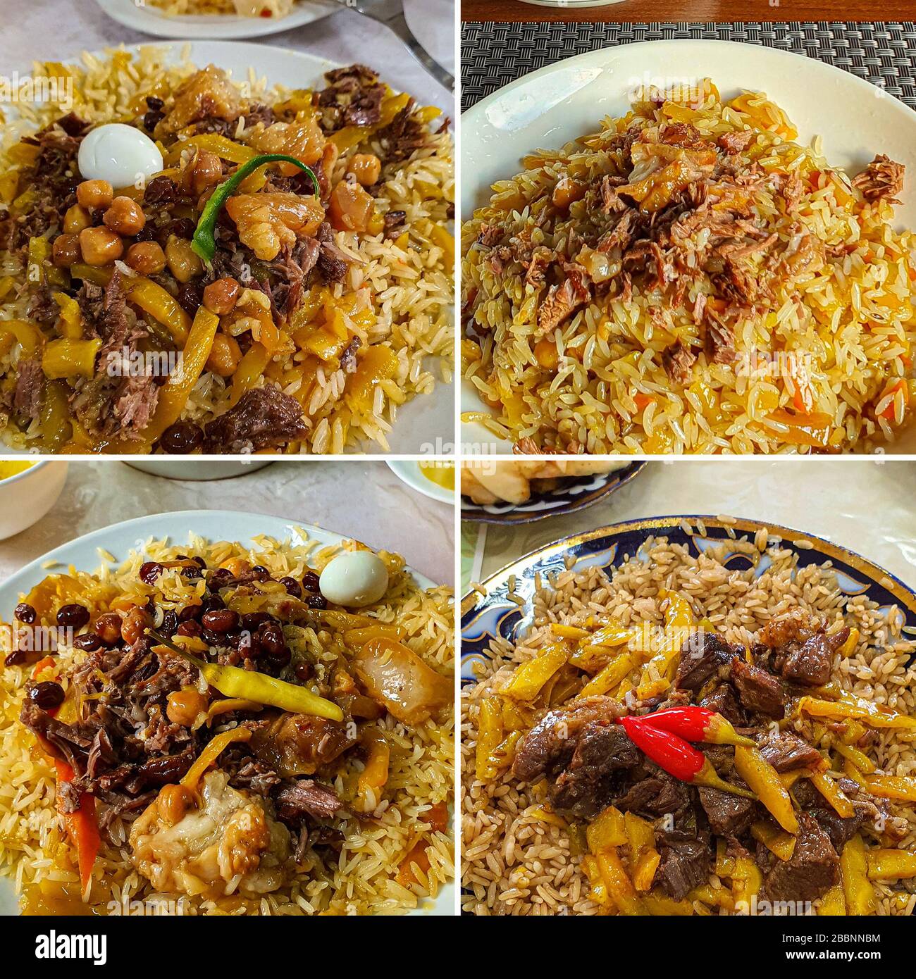 Collage of different shots traditional uzbek dish - pilaf - rice with ...