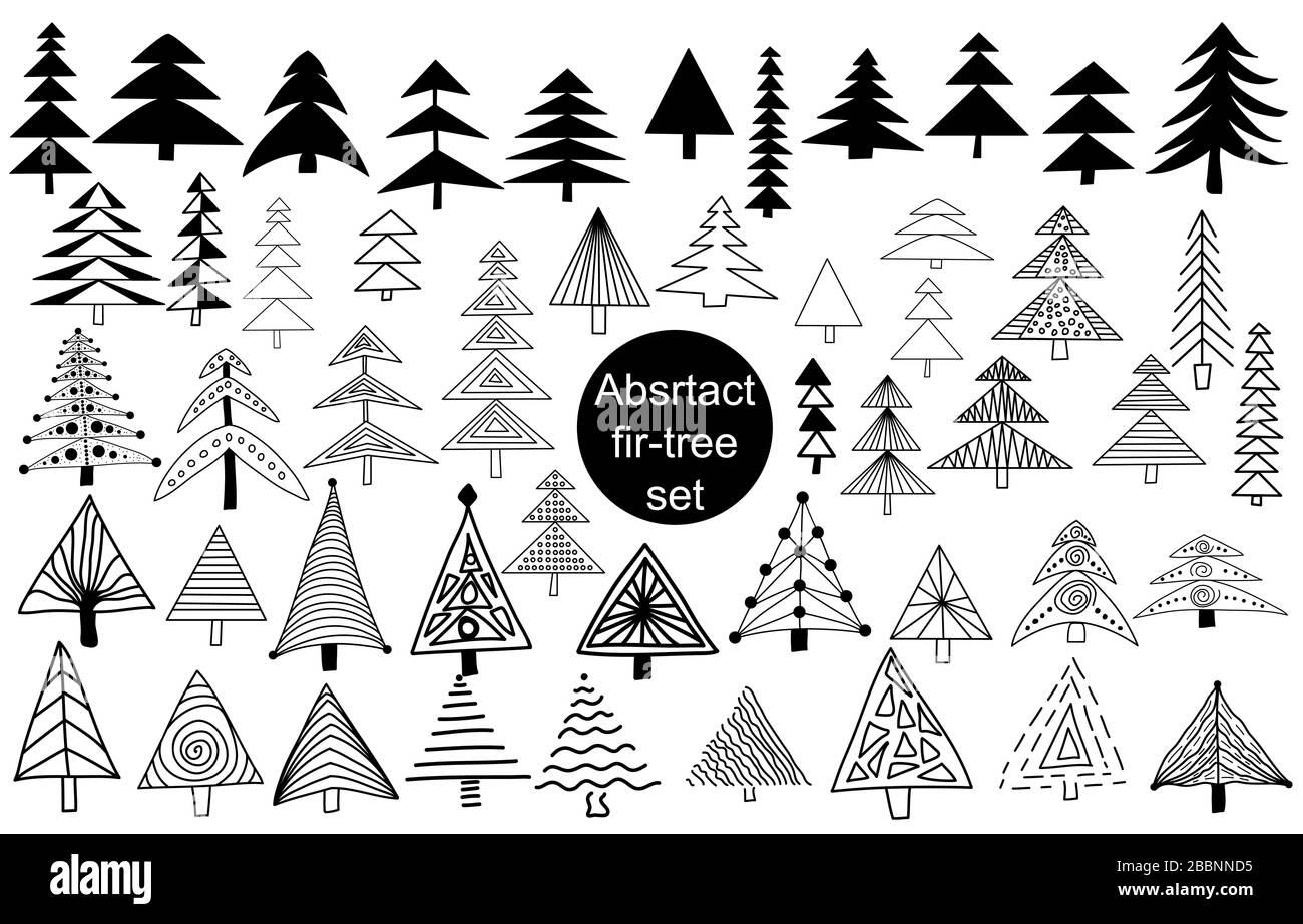 Set of abstract, asymmetric fir trees in Scandinavian style. Isolated ...