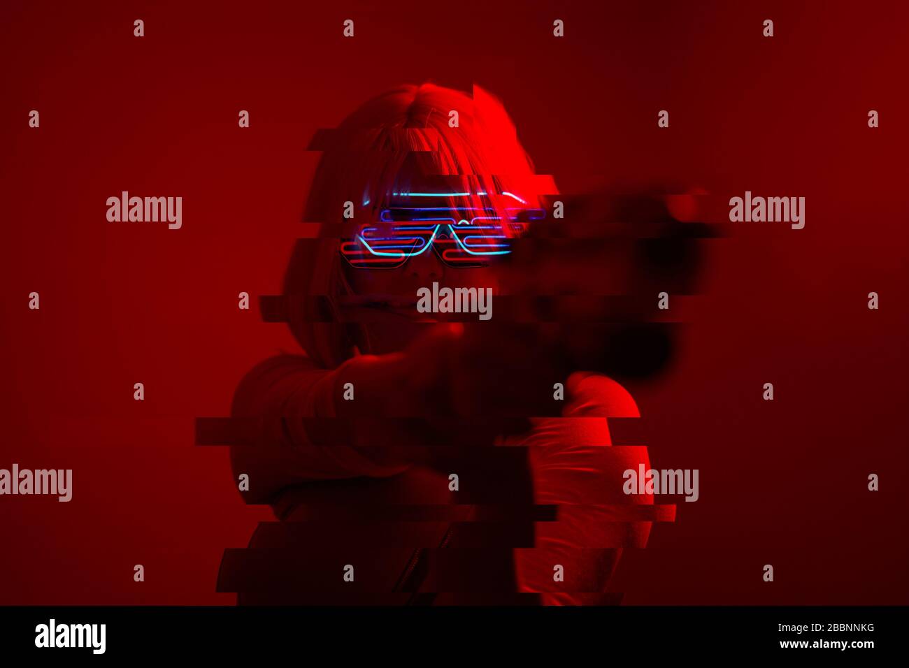 Girl with blaster in the futuristic battle. Concept virtual reality ...