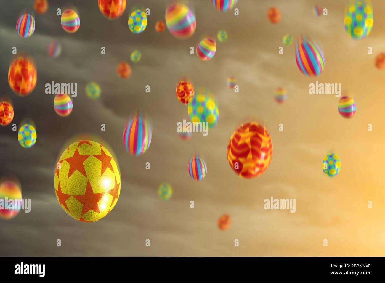 Many colorful Easter Eggs falling from a dark cloudy sky Stock Photo ...