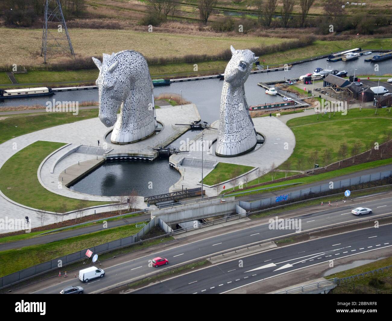 Aerial drone view of Kelpies in Helix Park Falkirk Stock Photo - Alamy