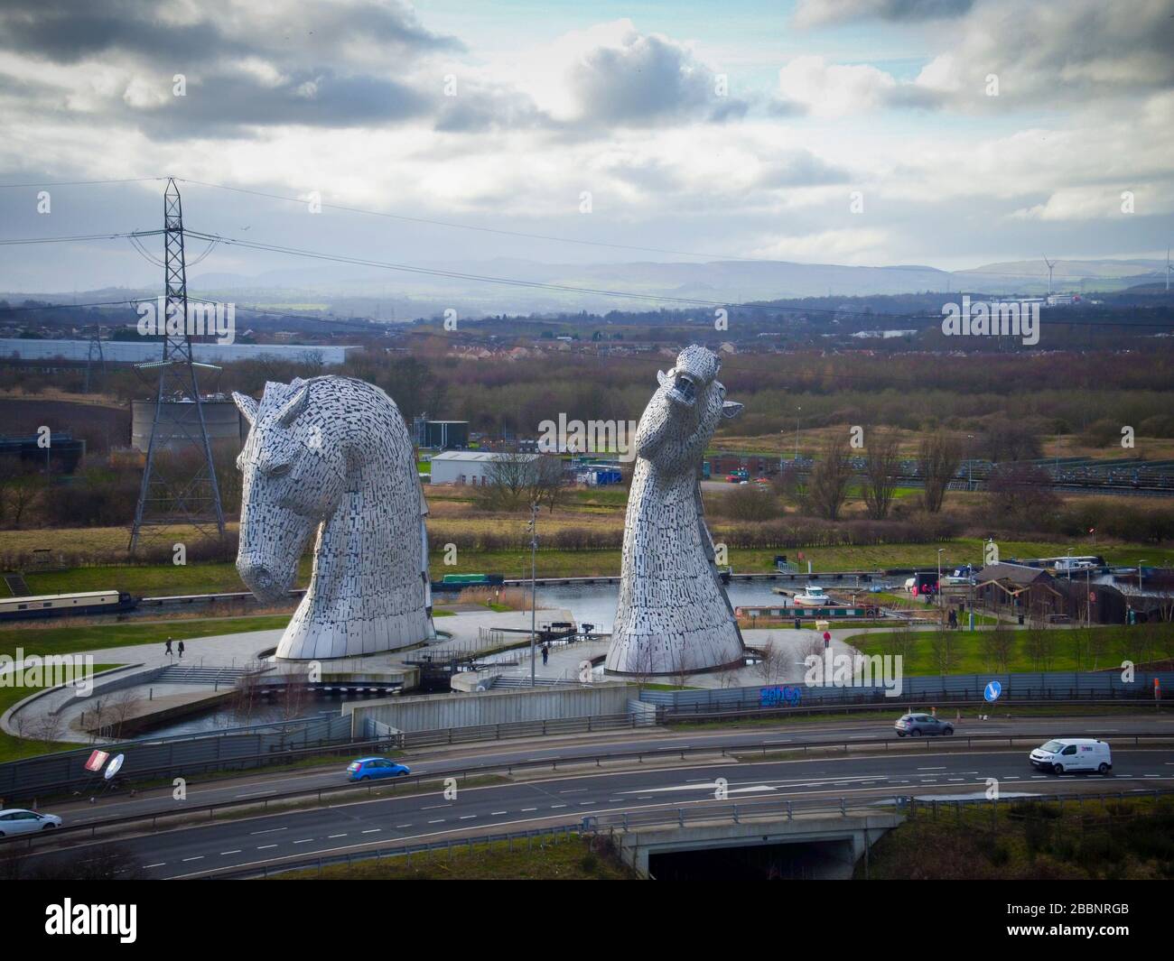 Aerial drone view of Kelpies in Helix Park Falkirk Stock Photo - Alamy