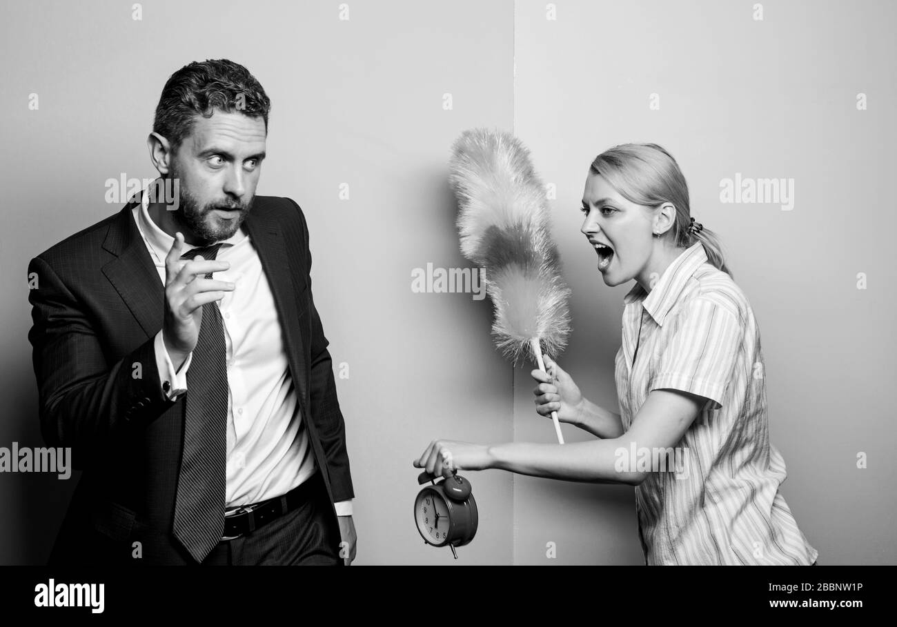 segregation of duties. man late home. shouting woman clean house ...