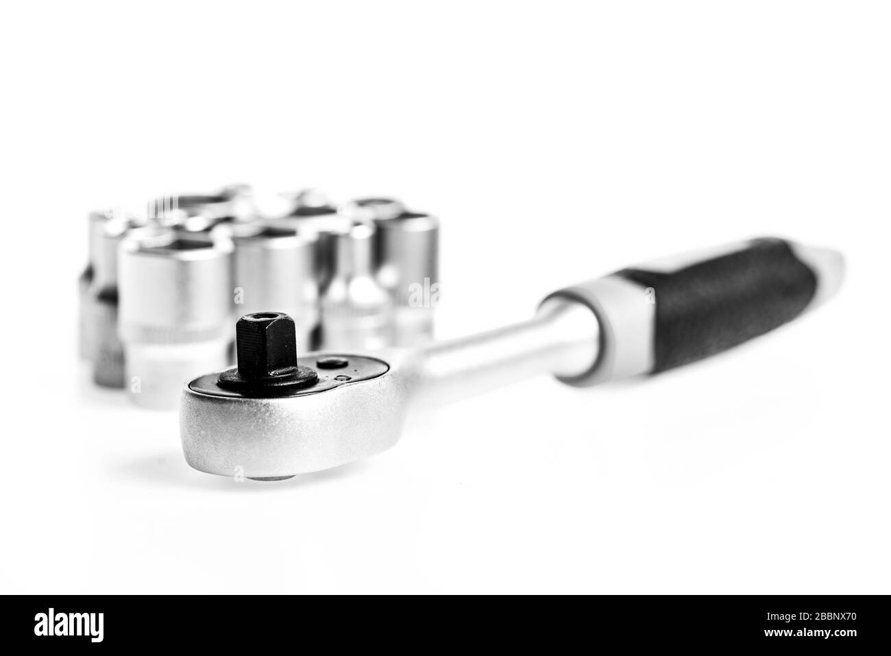 Ratchet tool. Universal socket set white background isolated. Crafts ...