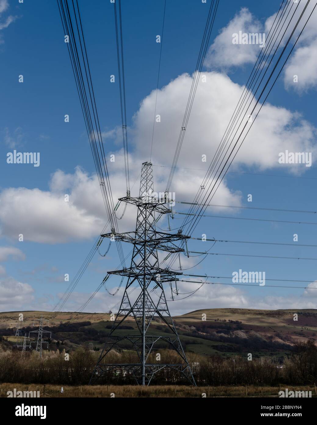MERTHYR TYDFIL, WALES - 29 MARCH 2020 - A transmission tower going ...