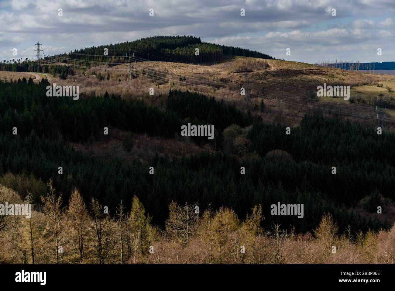 MERTHYR TYDFIL, WALES - 29 MARCH 2020 - Power lines through the middle ...