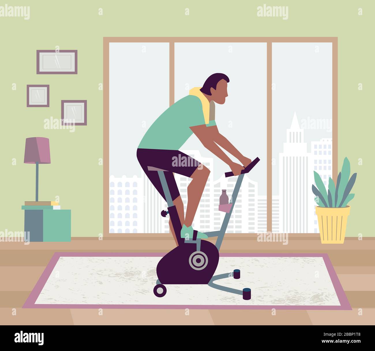 Man Riding Stationary Bike Stay At Home Vector Stock Vector Image And Art Alamy
