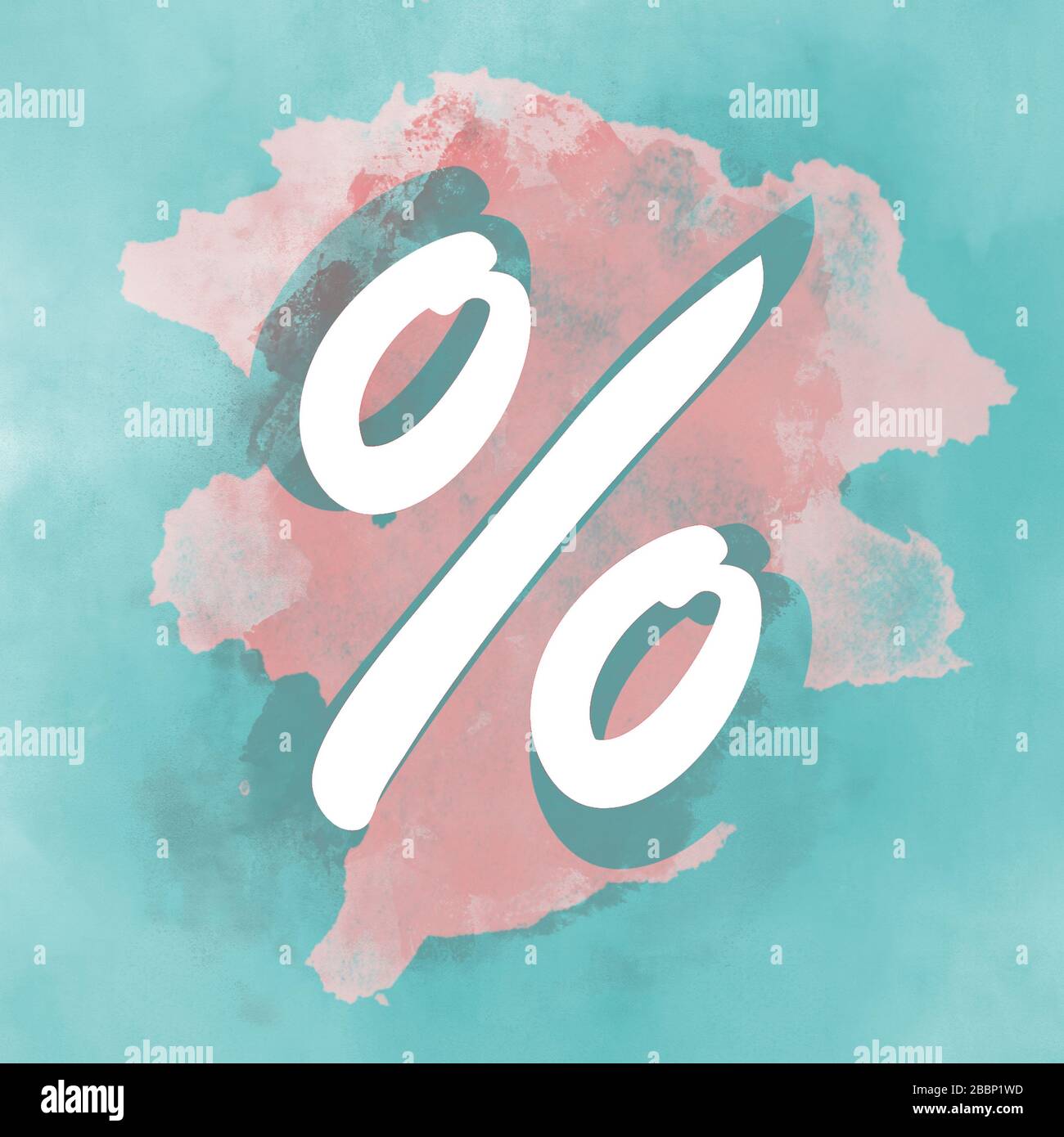 White Painted Percentage Sign Against Reddish/Cyan Watercolor ...