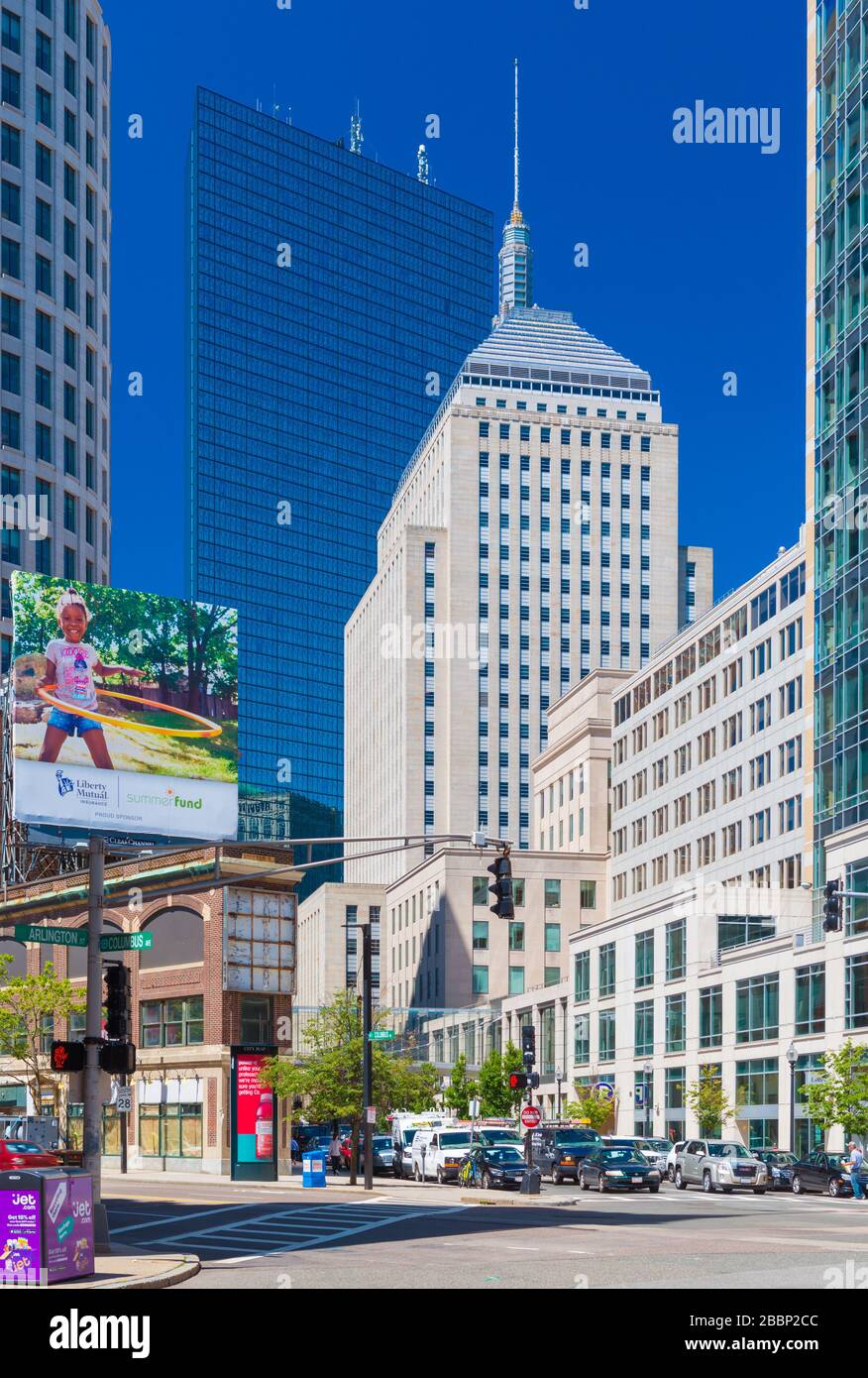 Boston - June 2016, USA: The street of Boston, view of John Hancock Tower, Berkeley Building and ...