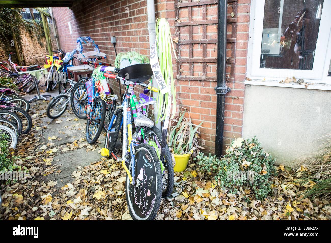 Group of colourful bicycles lined up together Stock Photo - Alamy