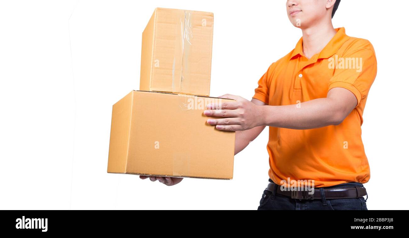 delivery man send box package to you wear orange polo shirt Stock Photo ...
