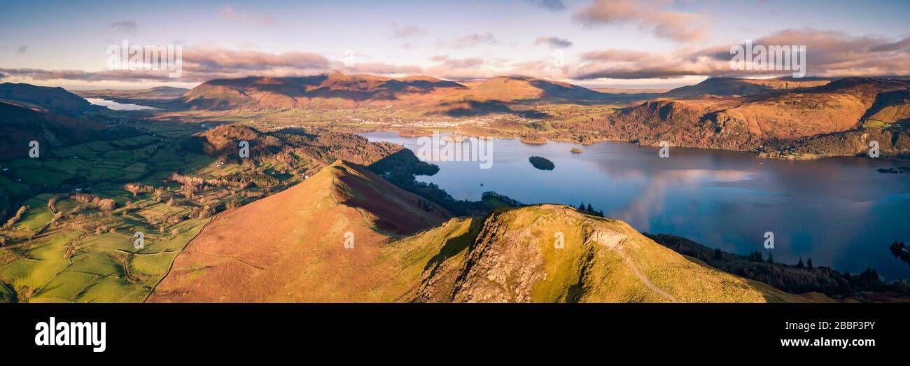 Lake District, England UK- Aerial panoramic of beautiful mountain ...