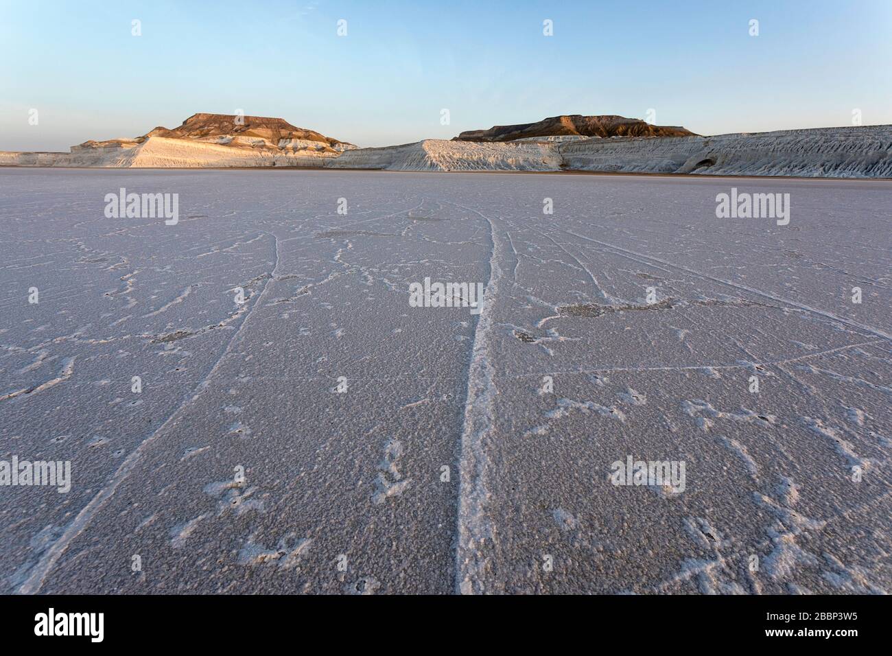 Morning in the dramatic landscape at Tuzbair salt lake, Aktau ...