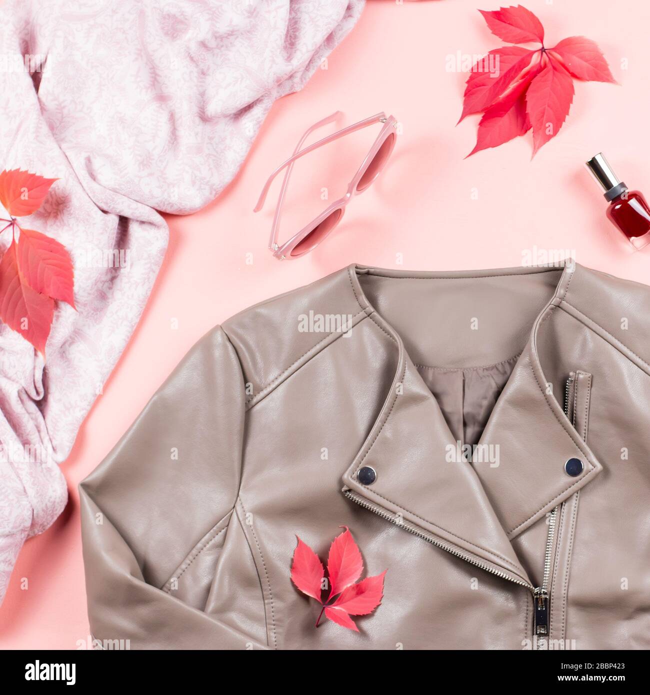 Autumn female clothes collection. Women fall fashion concept. Leather ...