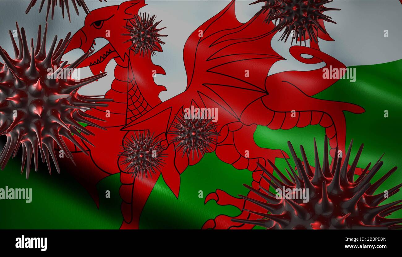 A coronavirus spinning with Welsh Dragons flag behind as epidemic ...