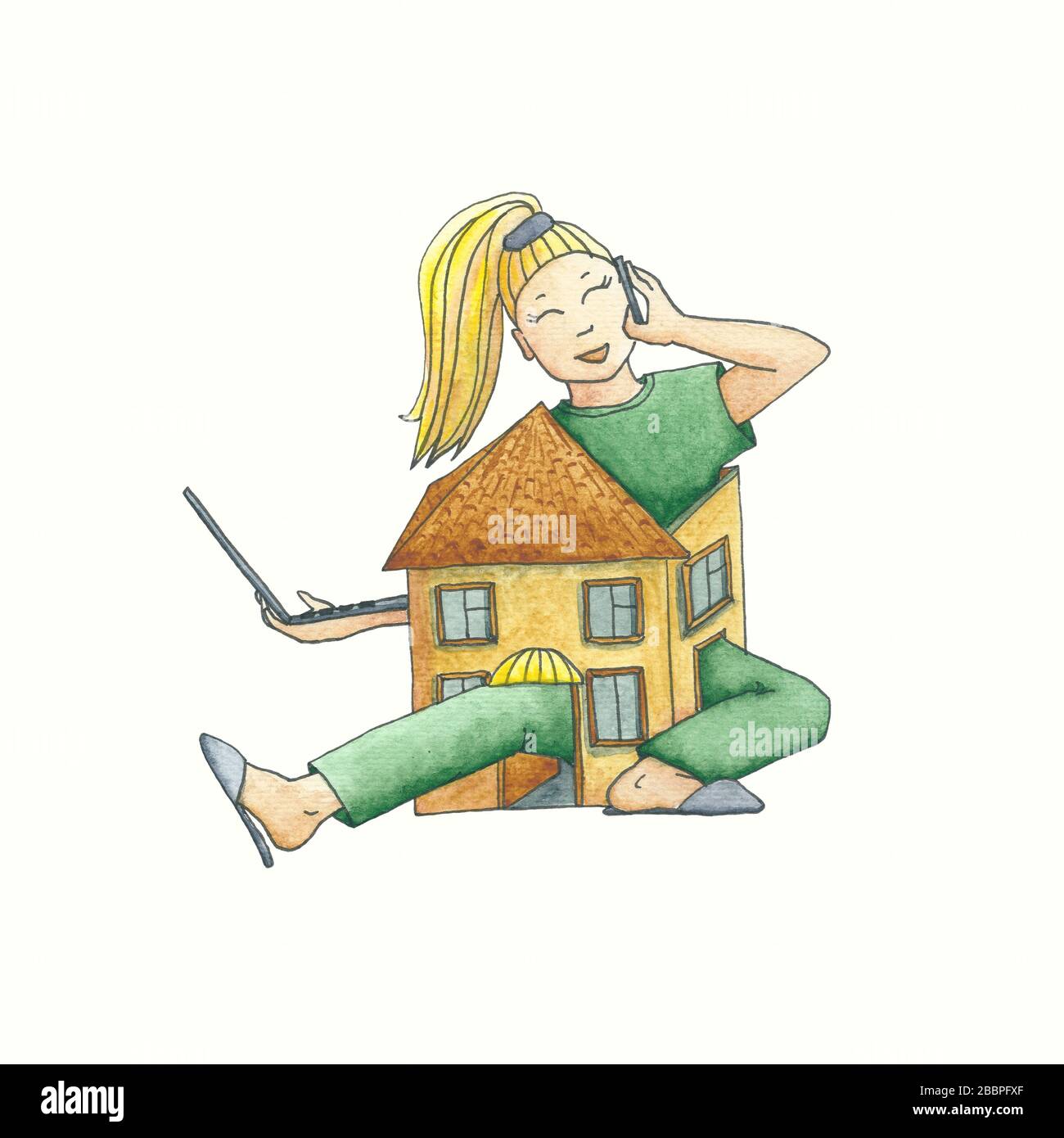 Girl working from home or remotely in house with phone and laptop. Hand ...