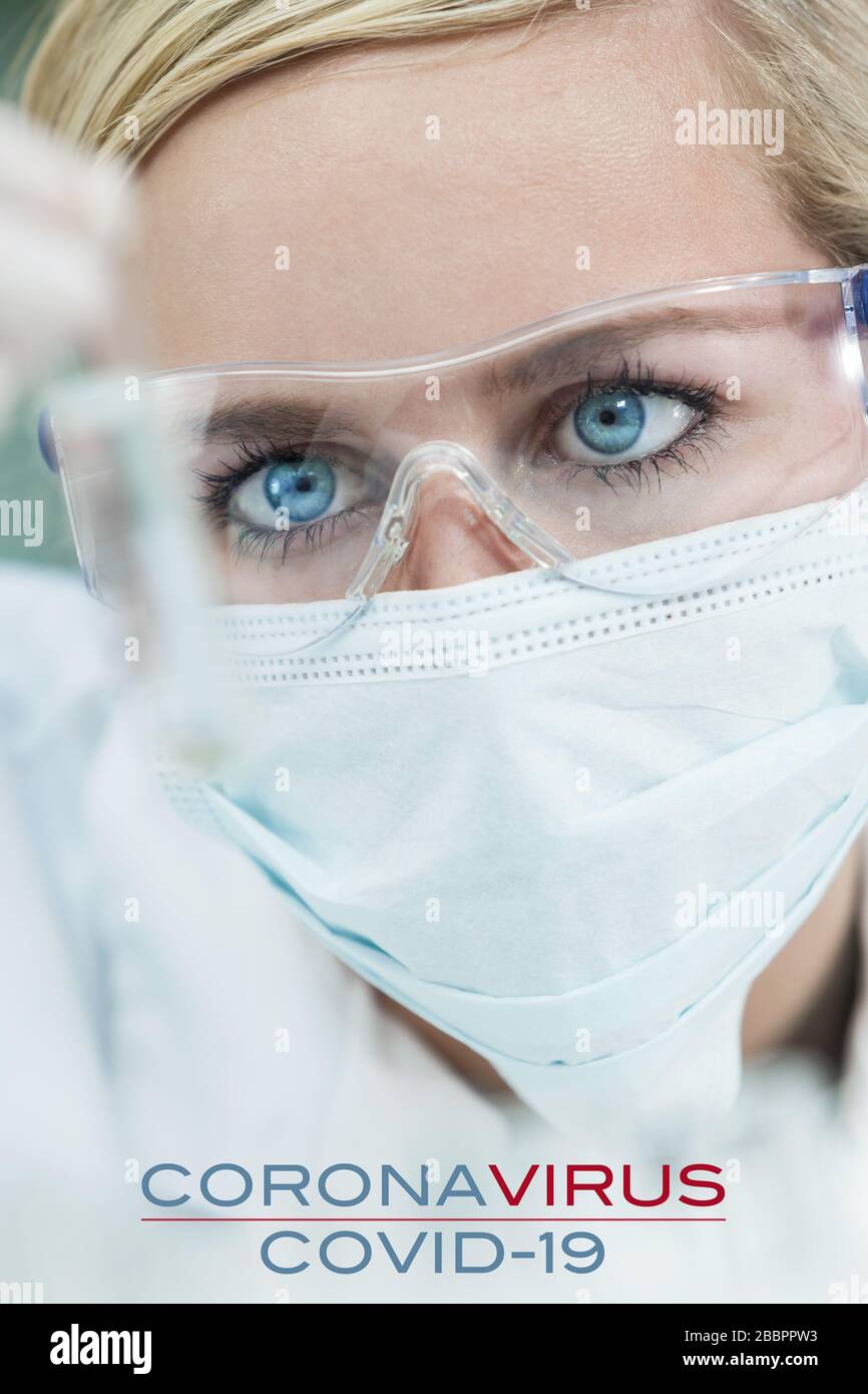 Female woman medical scientific researcher or doctor wearing a face ...