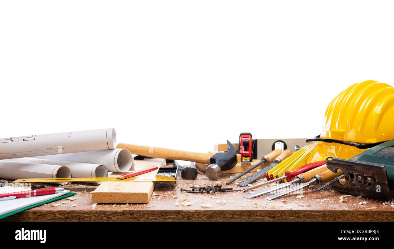 Close-up. Carpenter's workbench with tools for woodworking ...