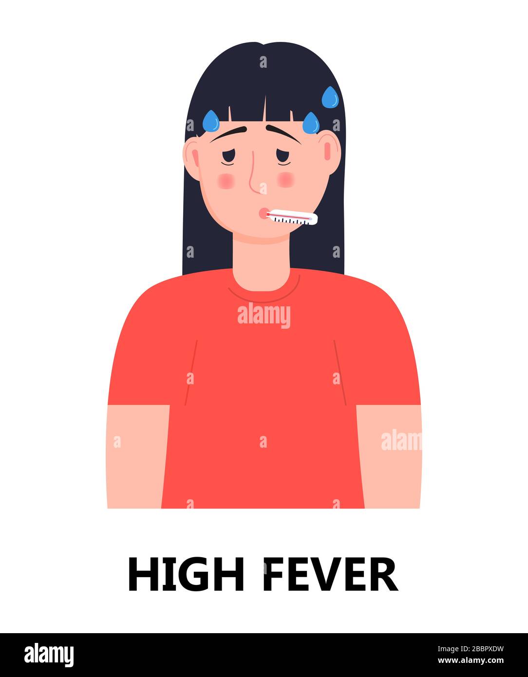 High fever of girl icon vector. Flu, cold, coronavirus symptom is shown ...