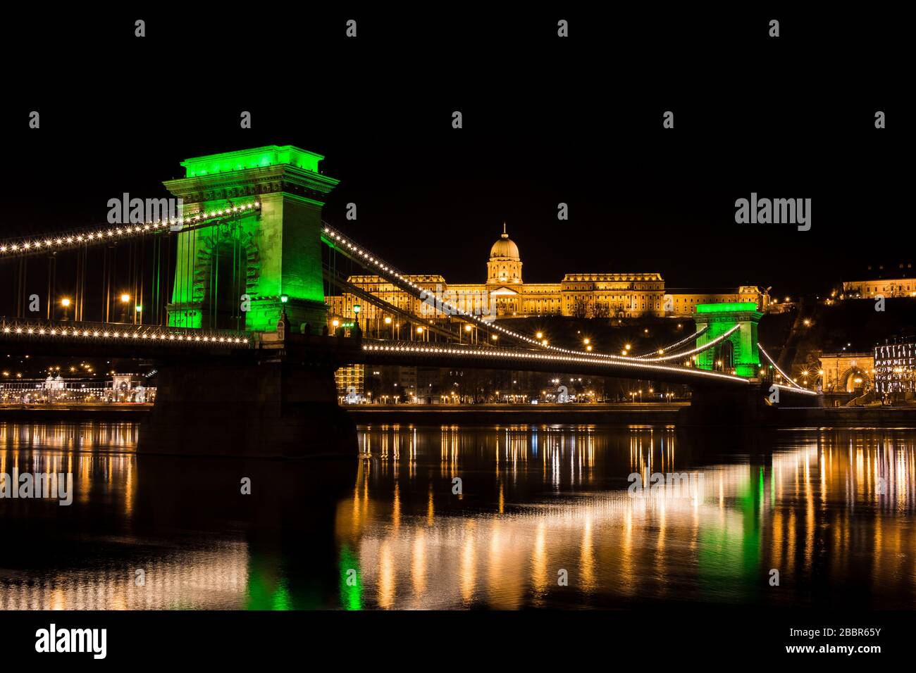 Chain Bridge with green lights on Hungarian Revolution of 1848 day in ...