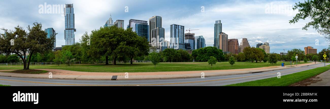 Panoramic View of Downtown Austin Skyline from Riverside Dr Street with ...