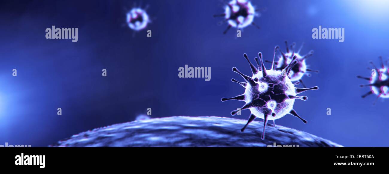 Microscopic view of influenza virus cells. 3D medical illustration ...