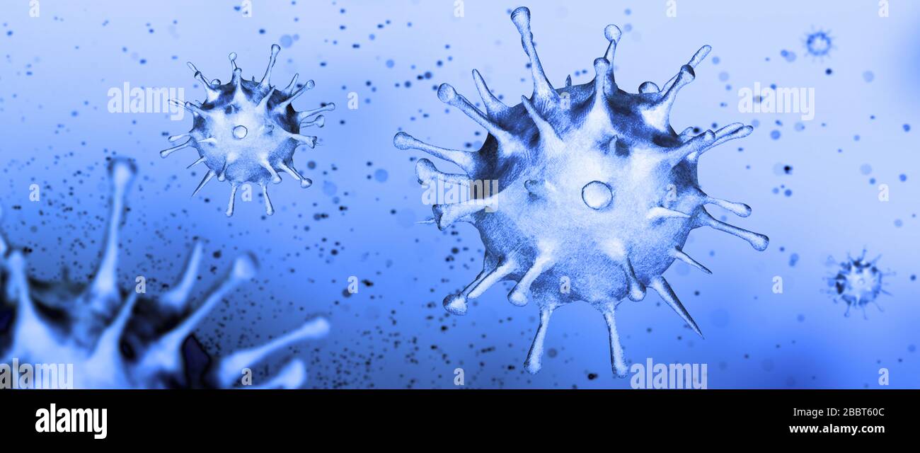 Microscopic view of influenza virus cells. 3D medical illustration ...