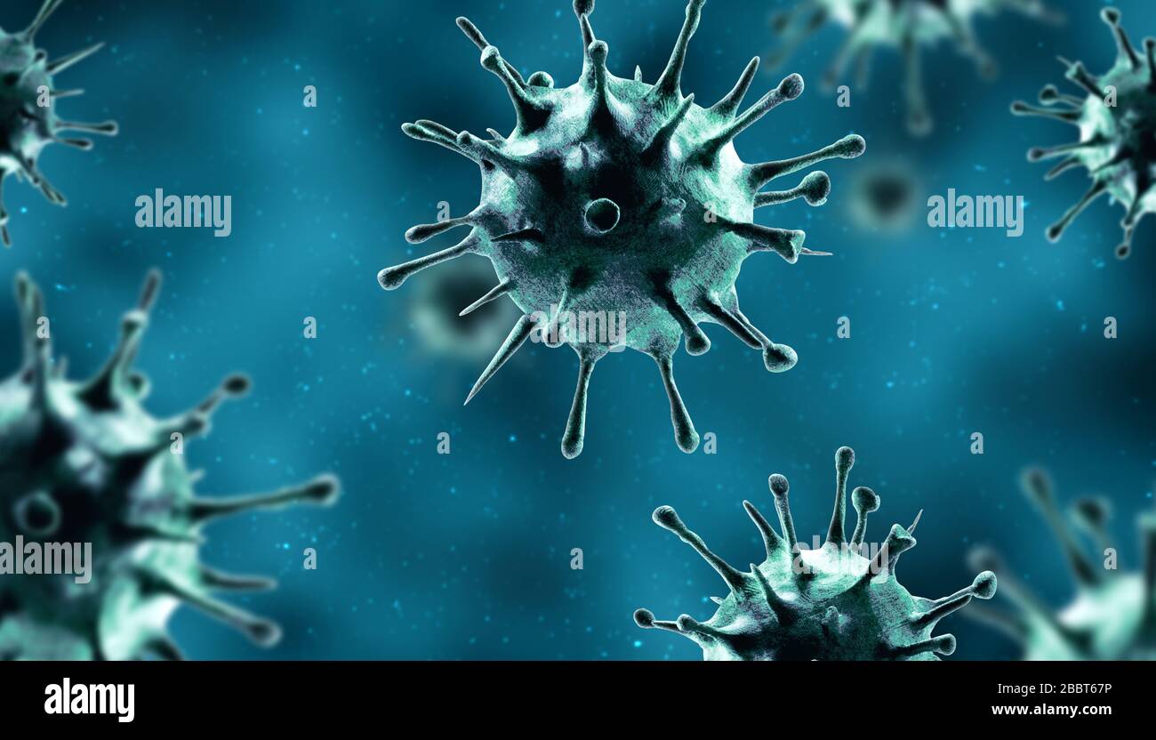 Microscopic view of influenza virus cells. 3D medical illustration ...