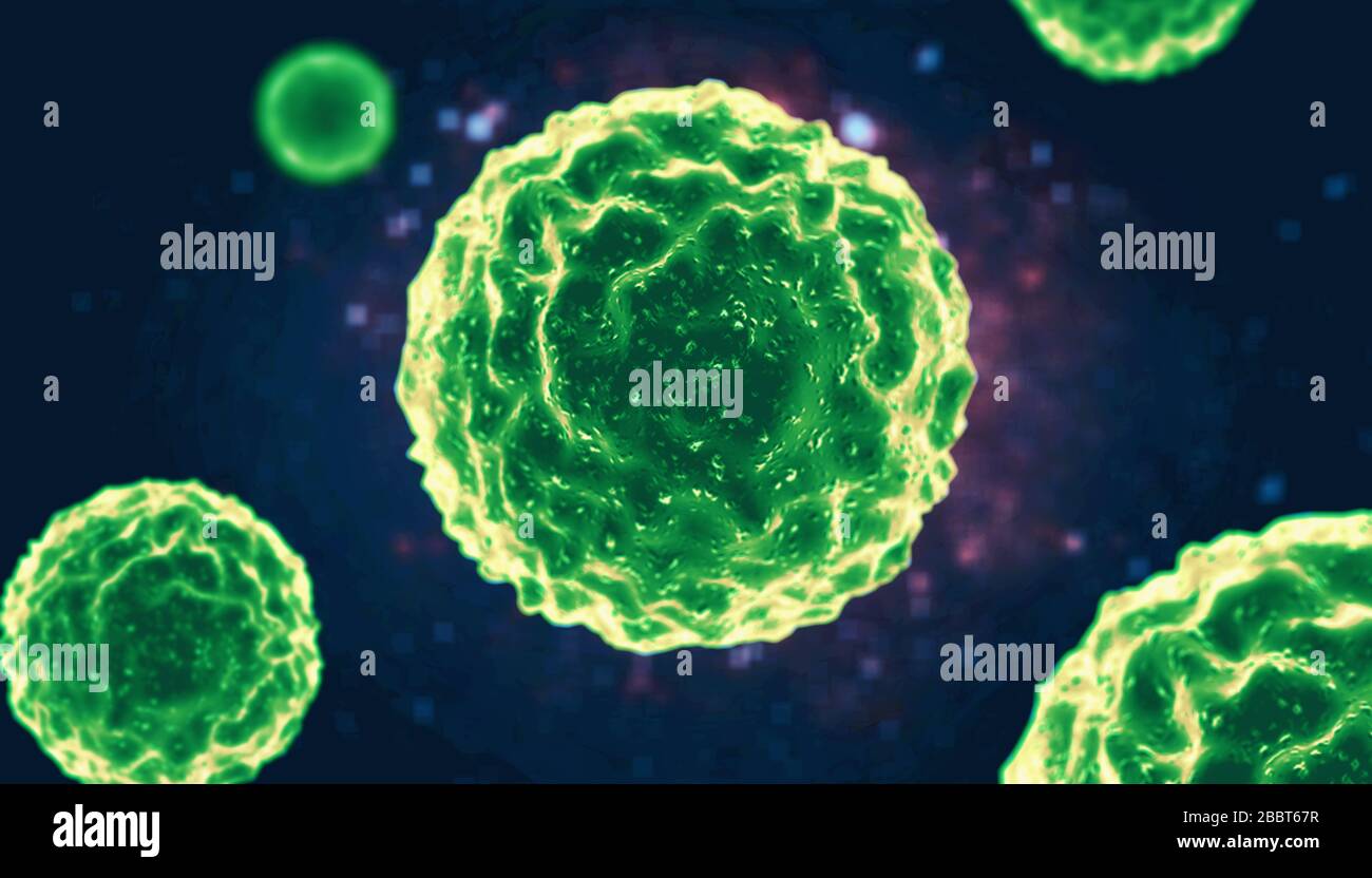 Microscopic view of influenza virus cells. 3D medical illustration ...