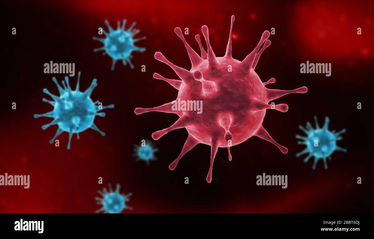 Microscopic view of influenza virus cells. 3D medical illustration ...