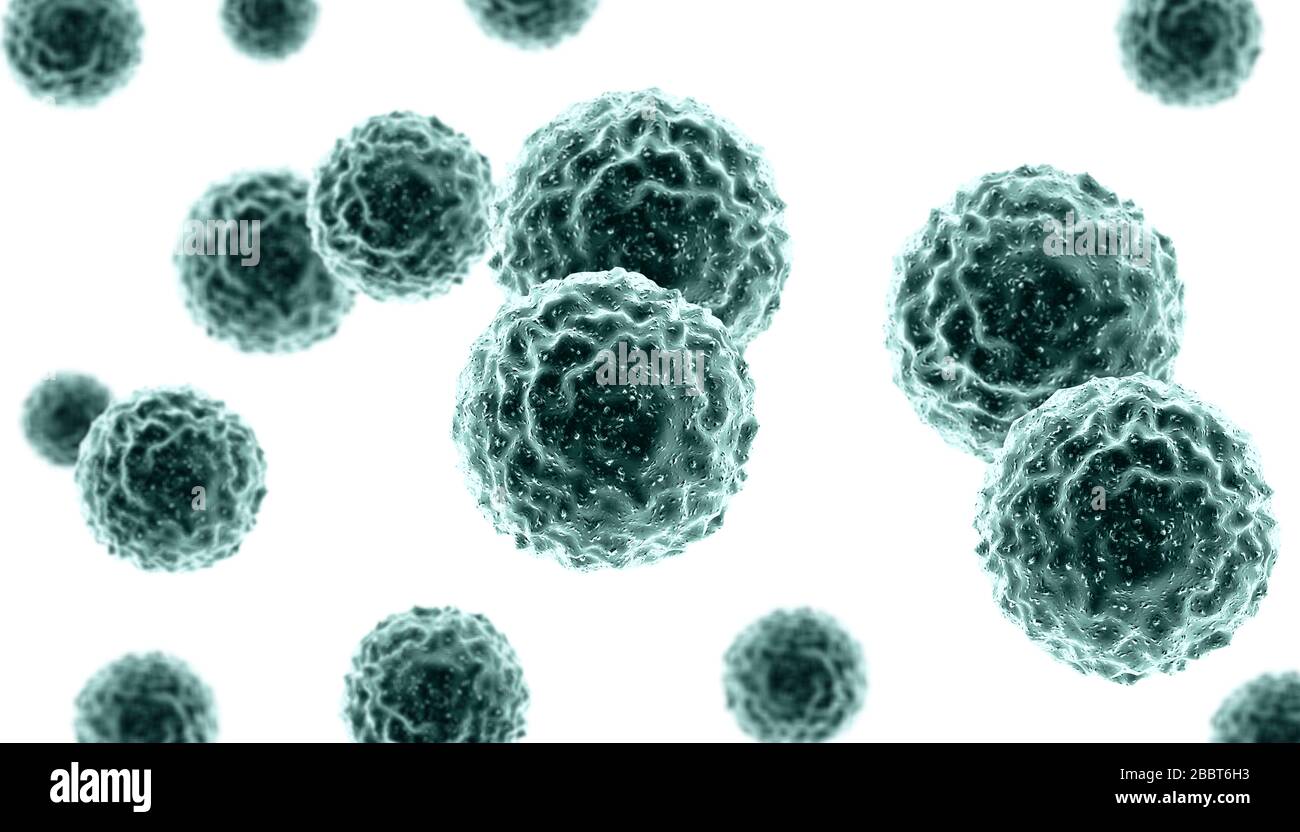 Microscopic view of influenza virus cells. 3D medical illustration ...