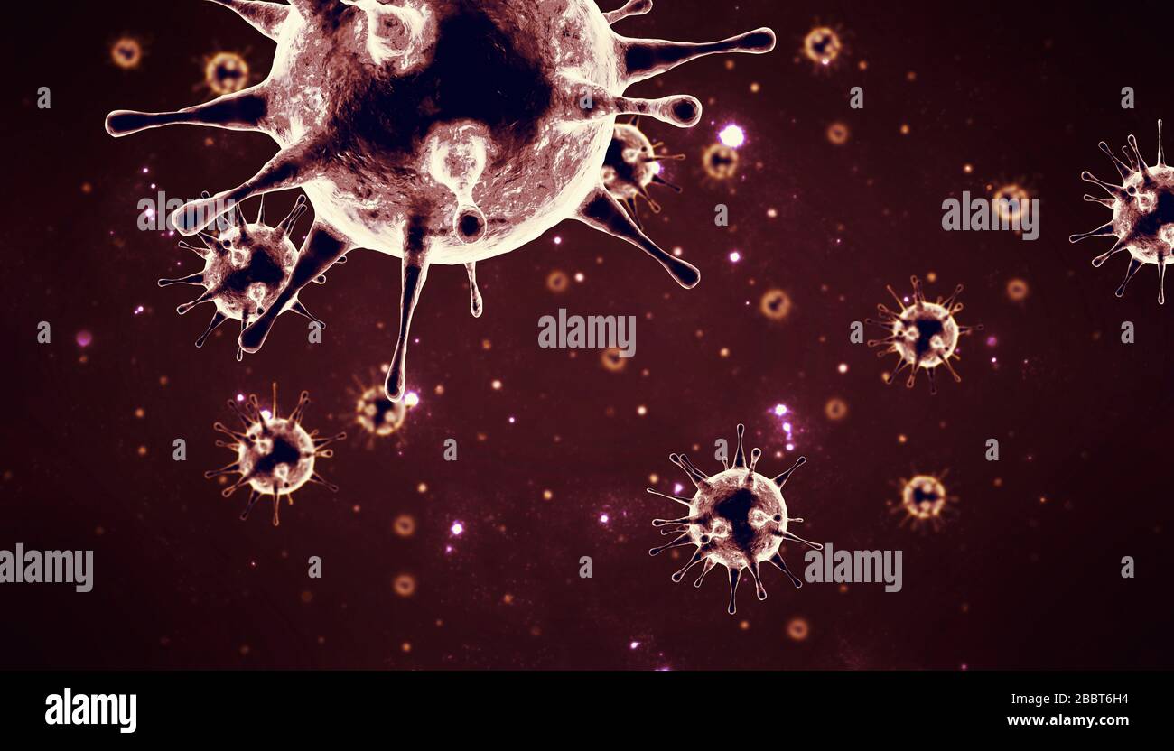 Microscopic view of influenza virus cells. 3D medical illustration ...