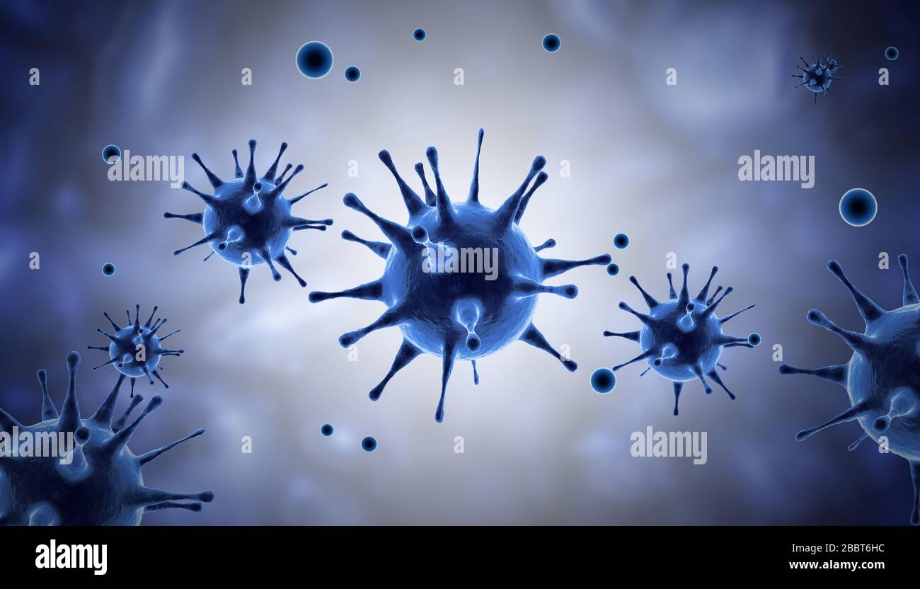 Microscopic view of influenza virus cells. 3D medical illustration ...