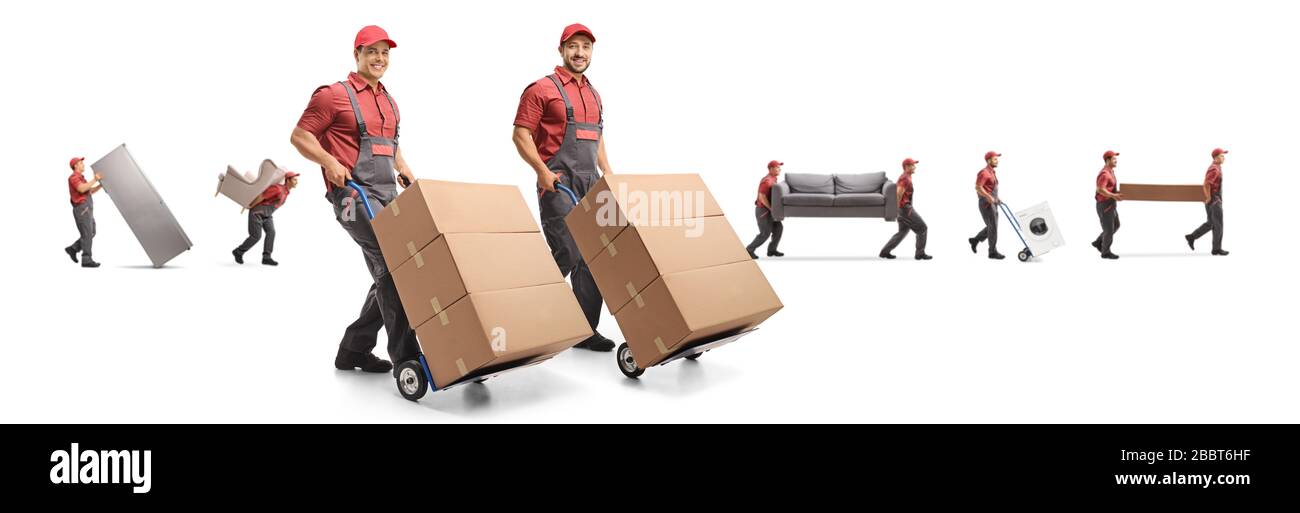 Movers carrying furniture and boxes on hand-trucks isolated on white ...