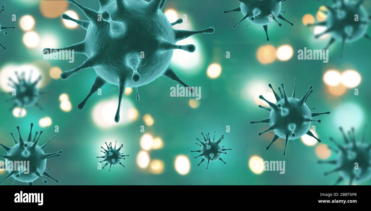 Microscopic view of influenza virus cells. 3D medical illustration ...