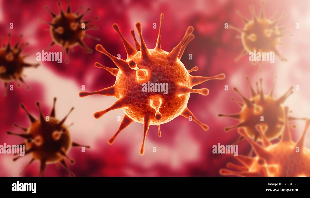 Microscopic view of influenza virus cells. 3D medical illustration ...