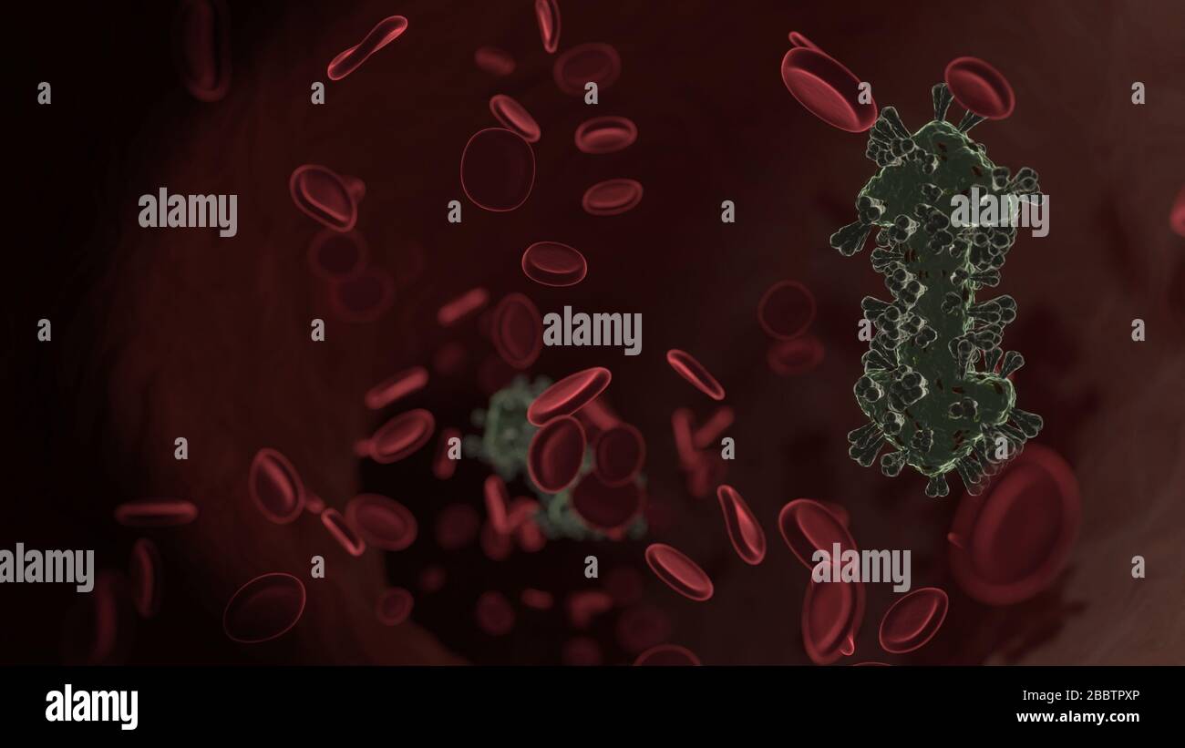 microscopic 3D rendering view of virus shaped as symbol of double side ...