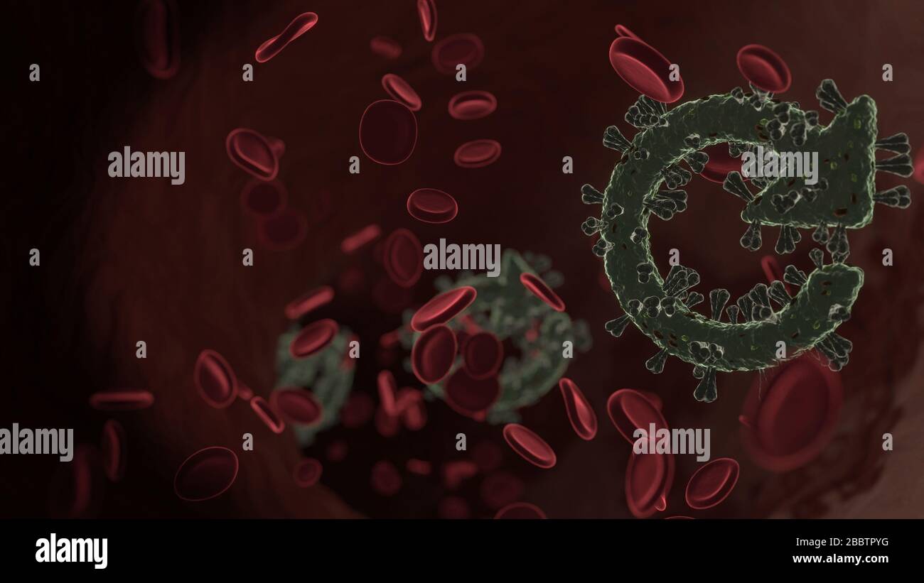microscopic 3D rendering view of virus shaped as clockwise symbol of ...