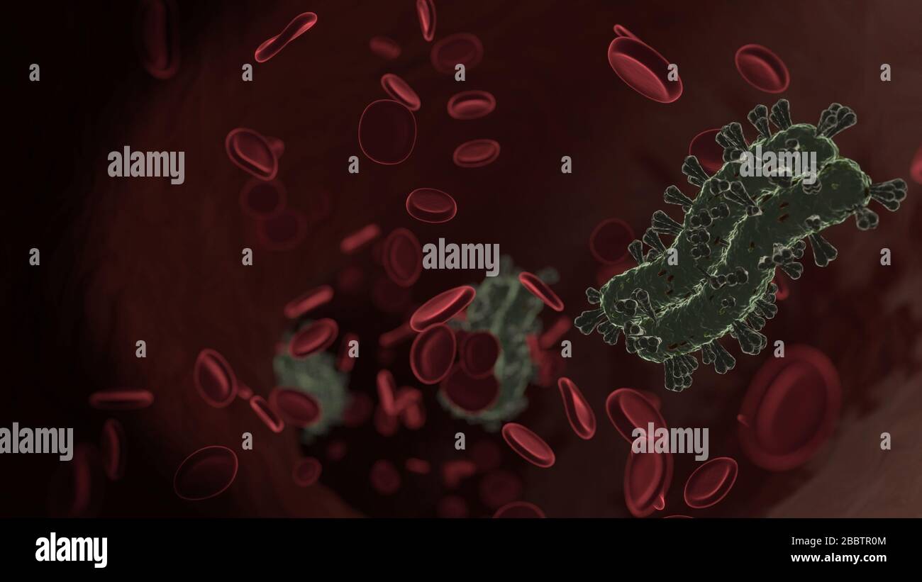 microscopic 3D rendering view of virus shaped as symbol of two slices ...