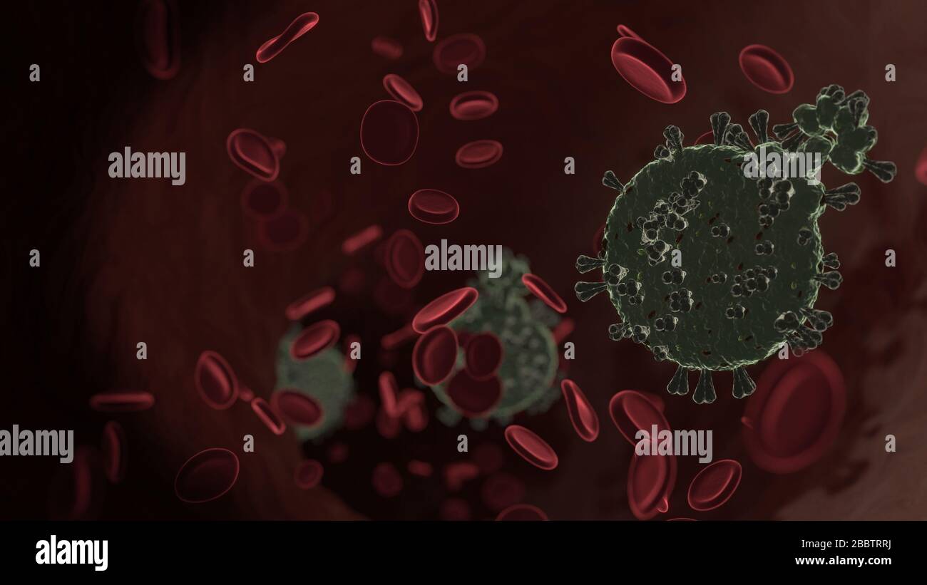 microscopic 3D rendering view of virus shaped as symbol of bomb with ...